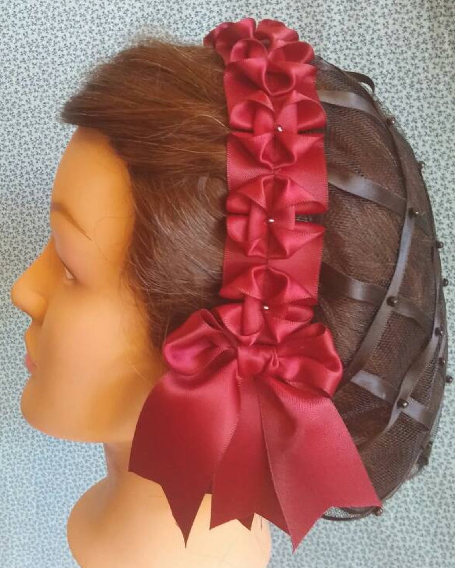 Black Ribbon Hairnet With Choice of Ribbon Coronet- Wine and Steel Grey ...