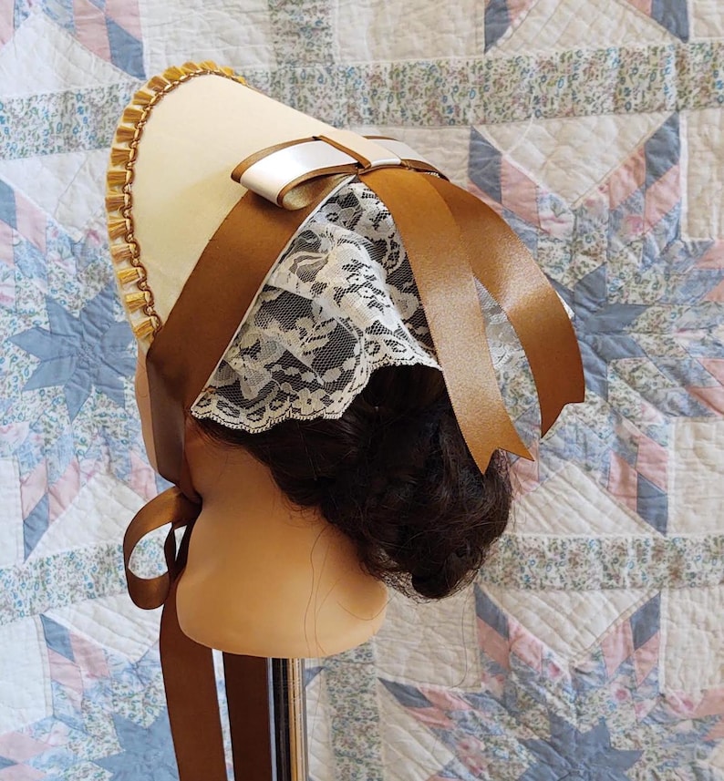 Old Gold Accented Cream Fanchon Bonnet, Dinner Bonnet - Empire Bonnet ...