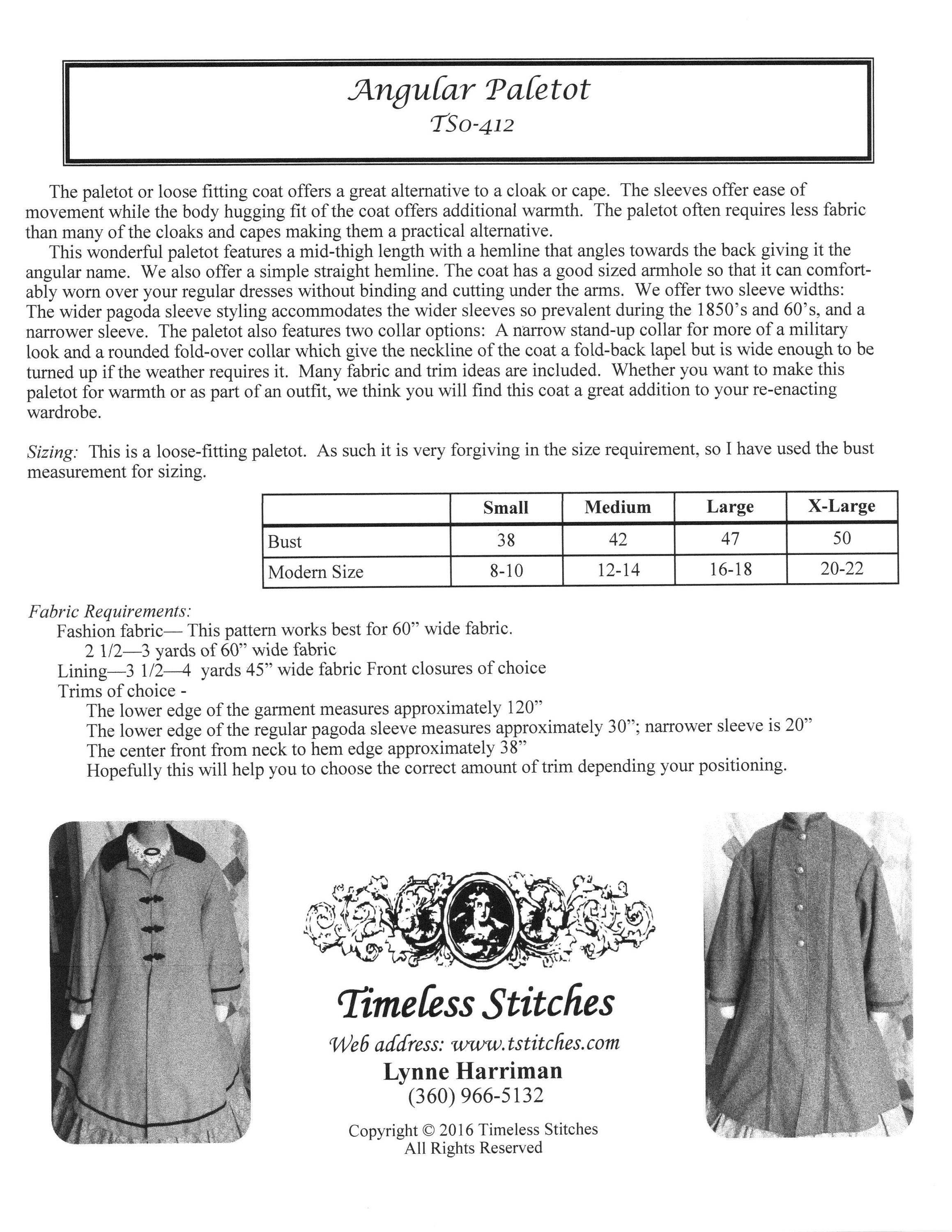 Angular Paletot/19th Century Coat Pattern/ Timeless Stitches Sewing ...