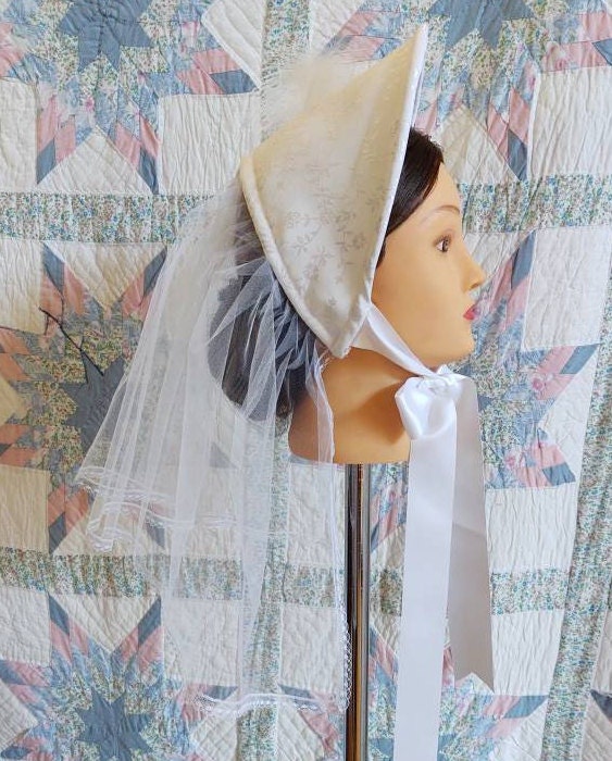 White Brocade Bridal Fanchon Bonnet - Dinner Bonnet - Empire Bonnet ...