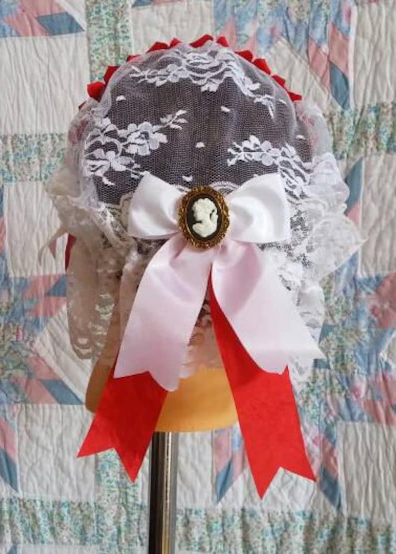 Red and White Trimmed White Lace Fanchon Styled Day Cap - Etsy