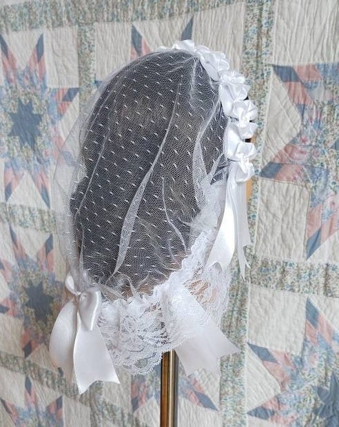 White Lace Fanchon Styled Day Cap With White Satin Ribbon Trim- Daycap ...