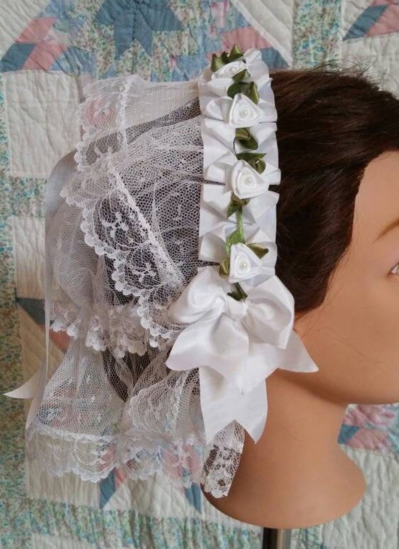 White Ribbon Rose Trimmed Folded Ribbon Fanchon Style Lacy - Etsy
