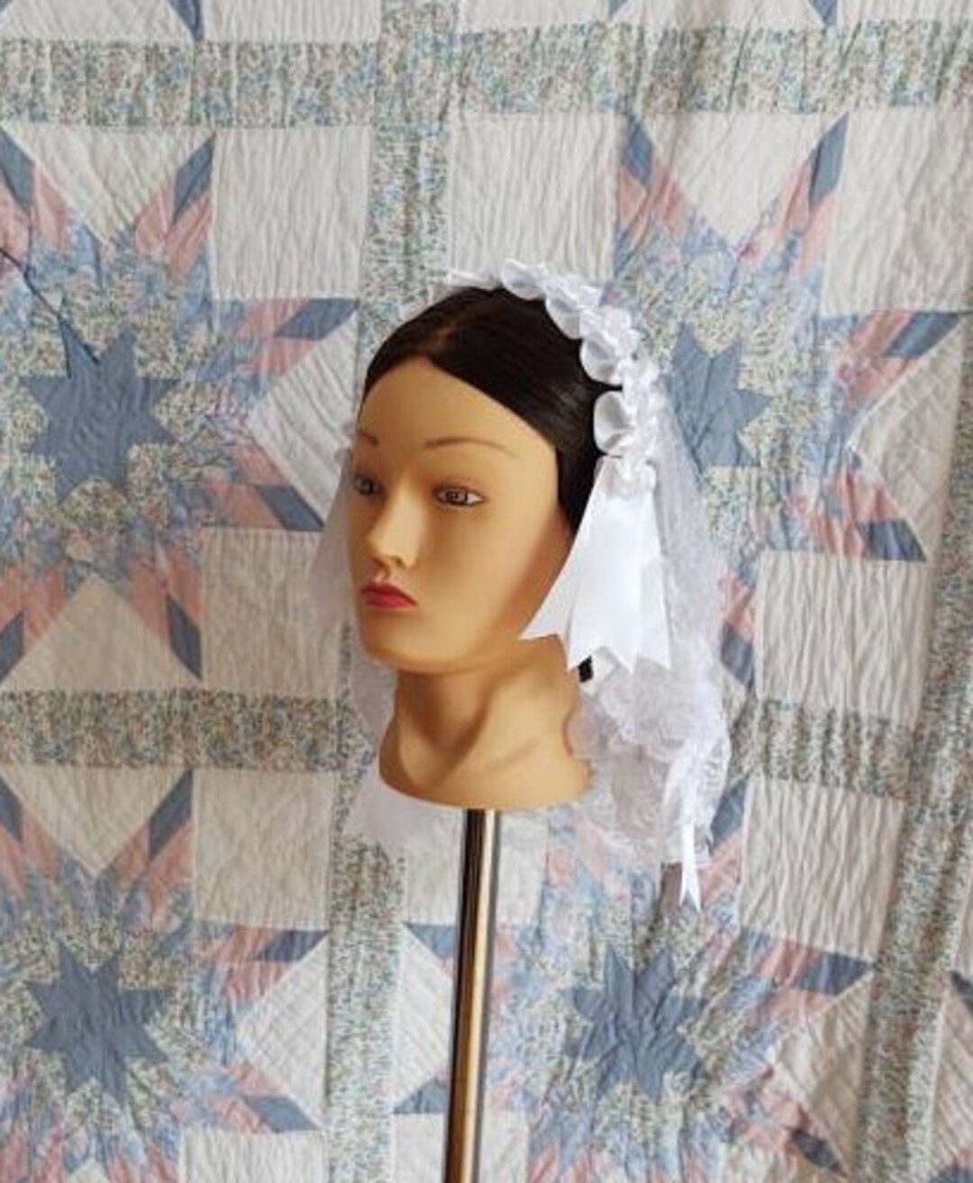 White Lace Fanchon Styled Day Cap With White Satin Ribbon Trim- Daycap ...