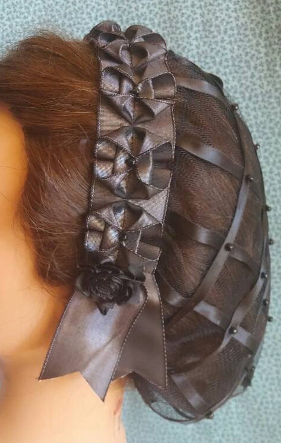 Black Ribbon Hairnet With Choice of Ribbon Coronet- Wine and Steel Grey ...