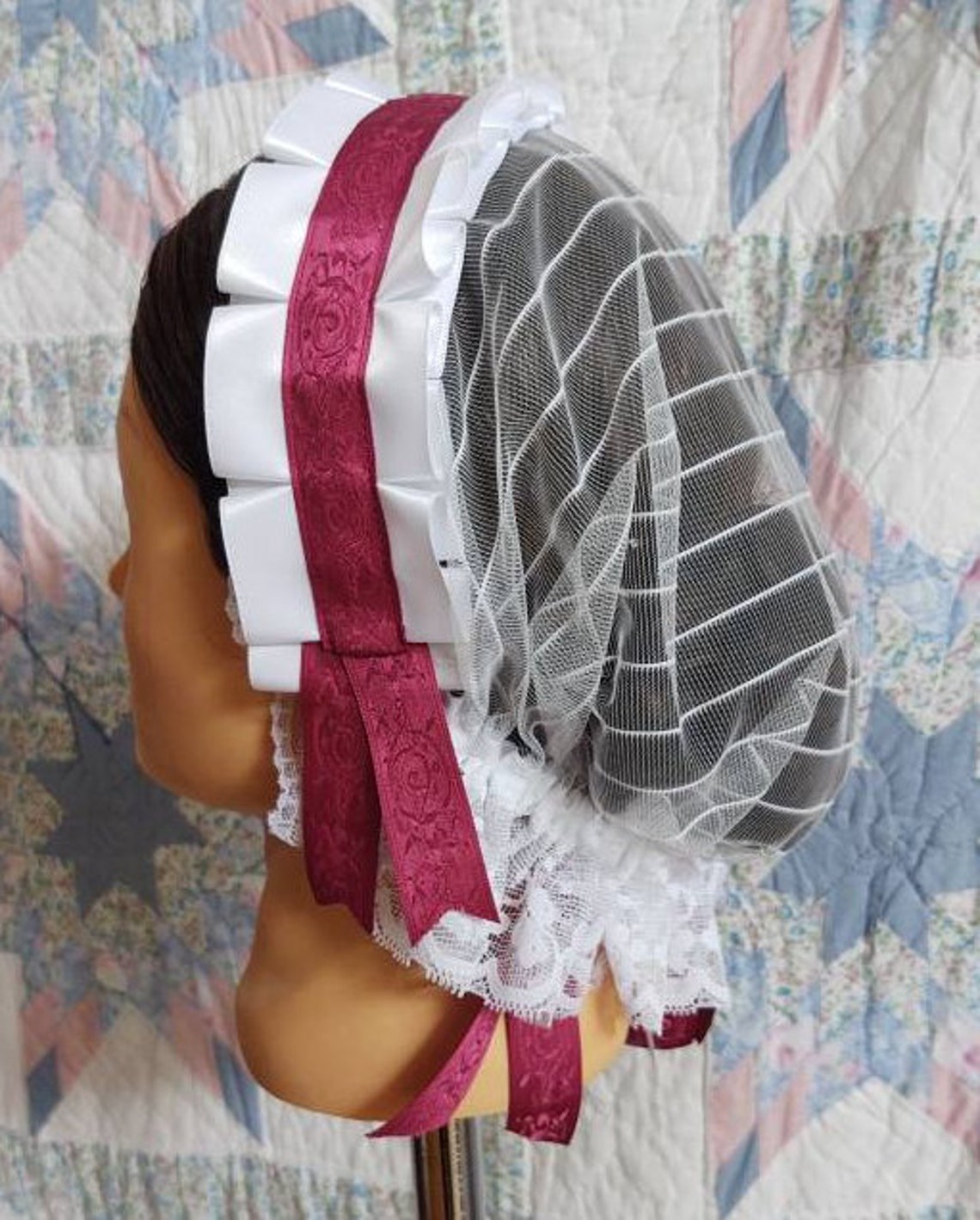 White Lace Fanchon Styled Day Cap With Burgandy Brocade Ribbon - Etsy