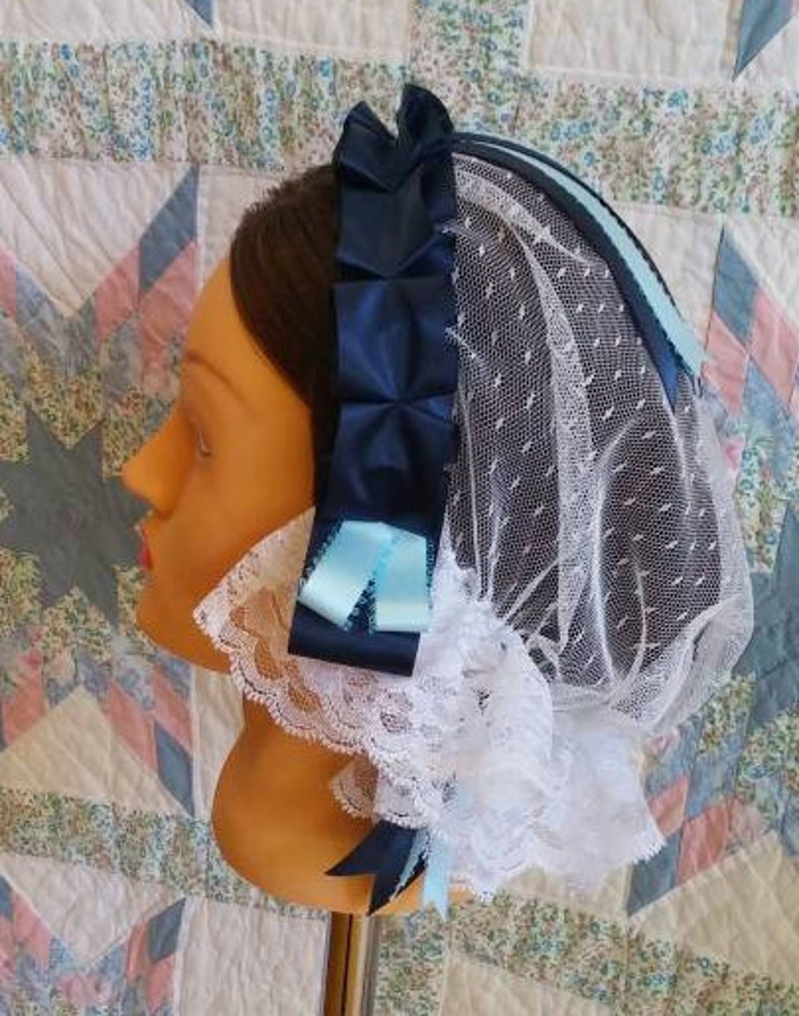 White Lace Fanchon Styled Day Cap With Navy and Baby Blue Ribbon ...