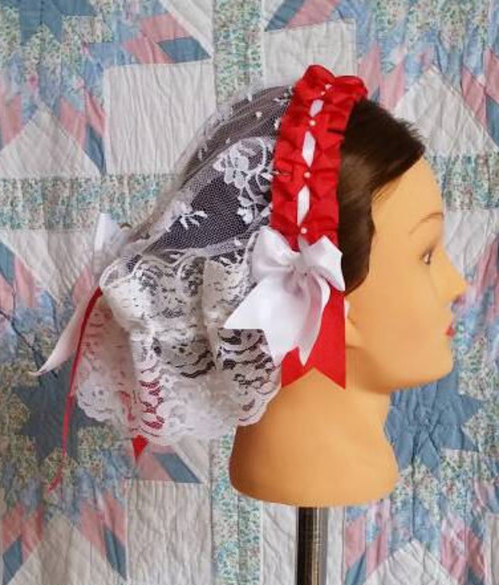 Red and White Trimmed White Lace Fanchon Styled Day Cap - Etsy
