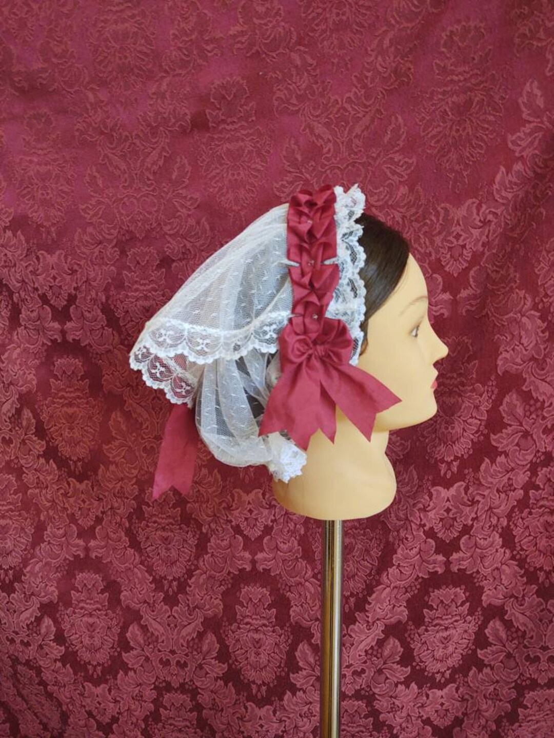 White Lacy Daycap With Burgundy Wine Folded Ribbon Coronet Trim and ...