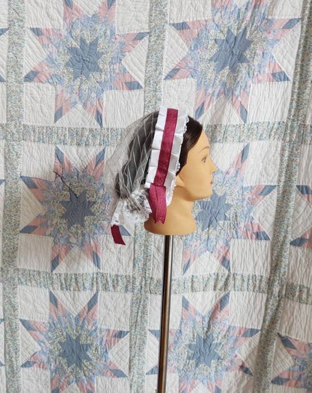 White Lace Fanchon Styled Day Cap With Burgandy Brocade Ribbon - Daycap ...