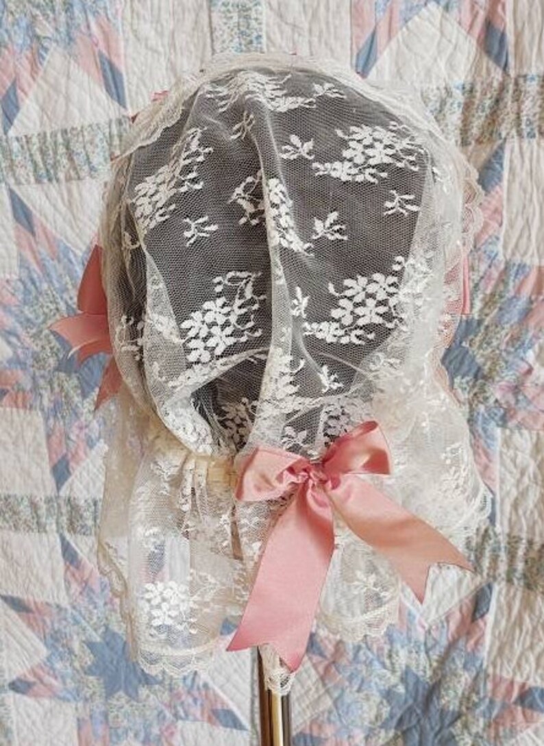 Cream Lace Fanchon Styled Day Cap With Peach Ribbon - Etsy