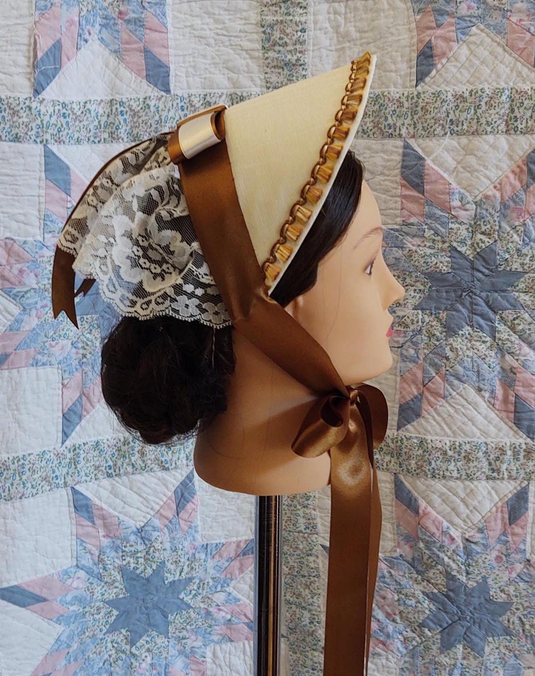 Old Gold Accented Cream Fanchon Bonnet, Dinner Bonnet - Empire Bonnet ...