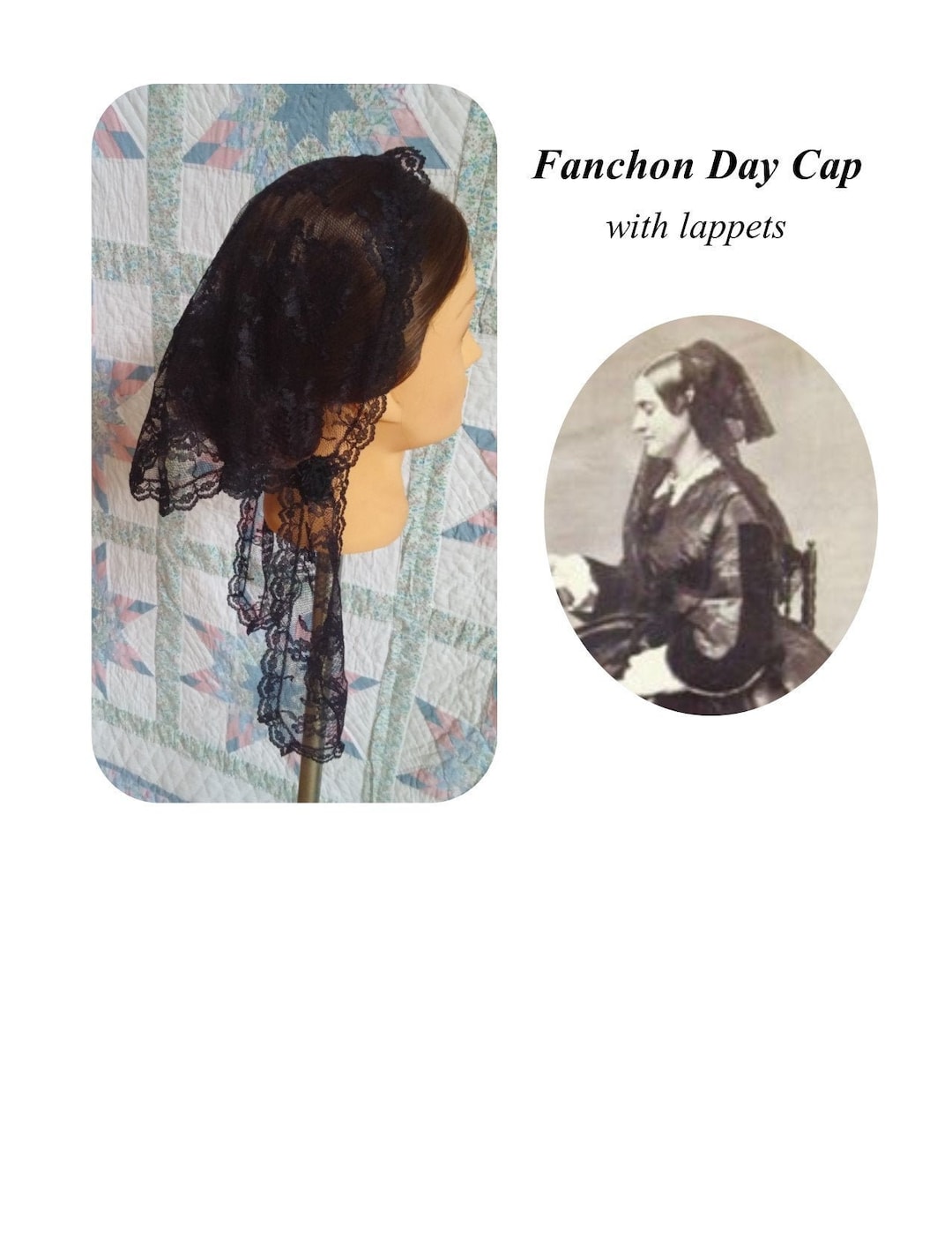 Black Lace Fanchon Styled Day Cap With Lappets - Daycap - Fanchon ...