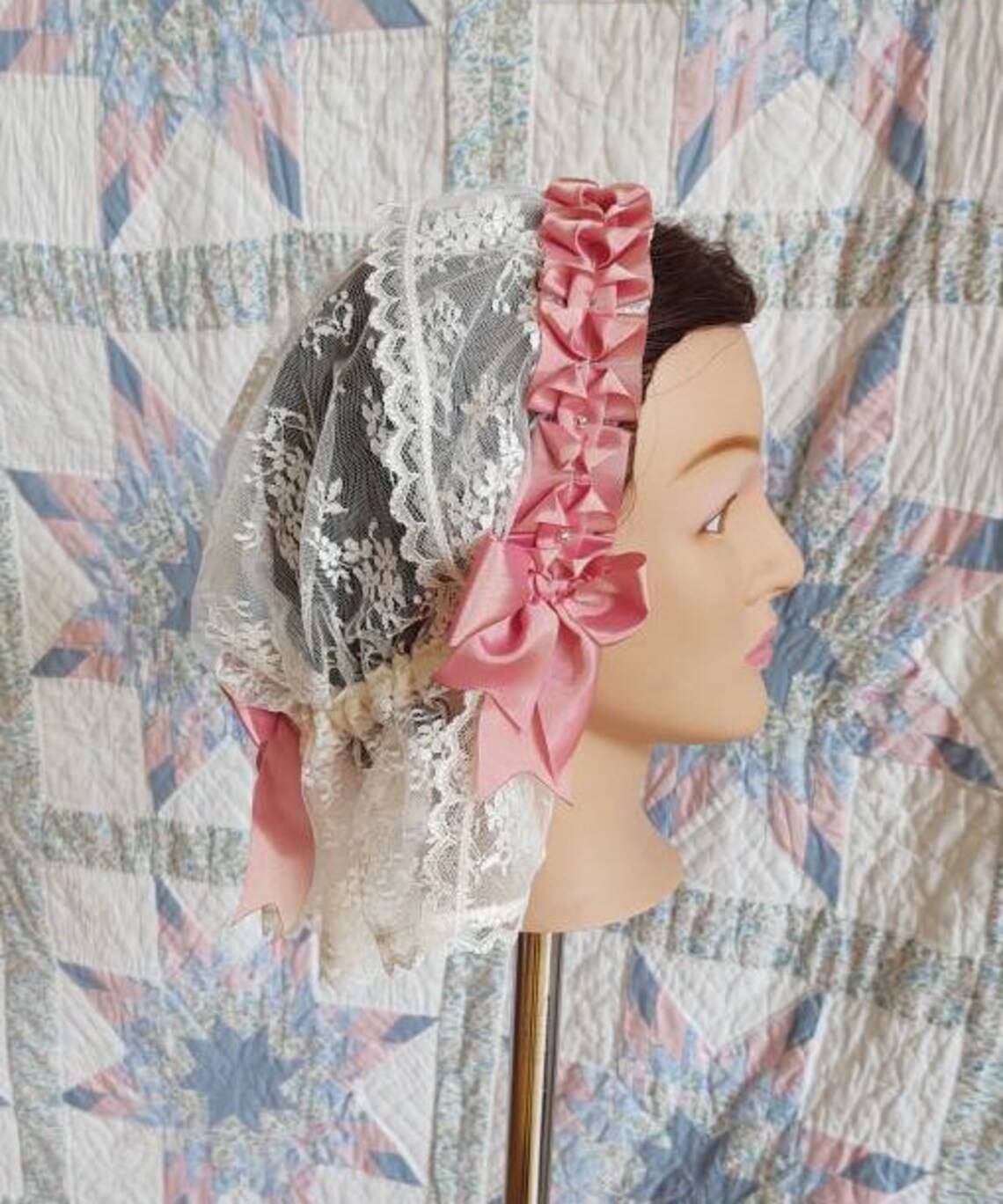 Cream Lace Fanchon Styled Day Cap With Peach Ribbon | Etsy