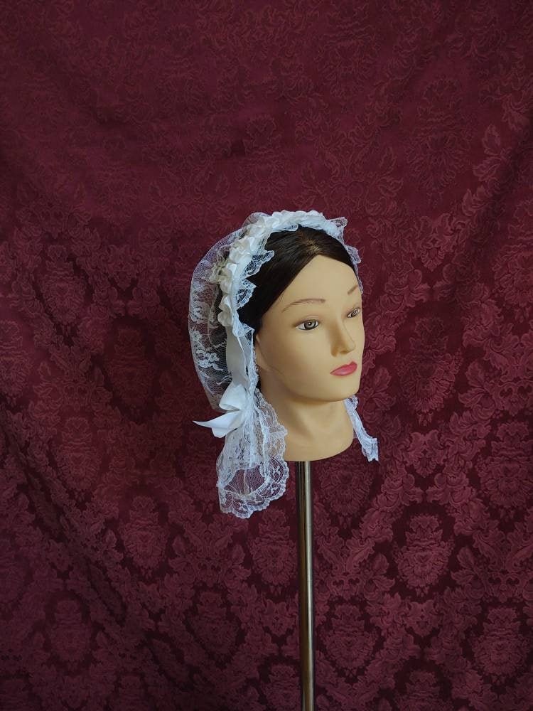 White Lacy Daycap With Lappets and White Folded Ribbon Coronet, Day Cap ...