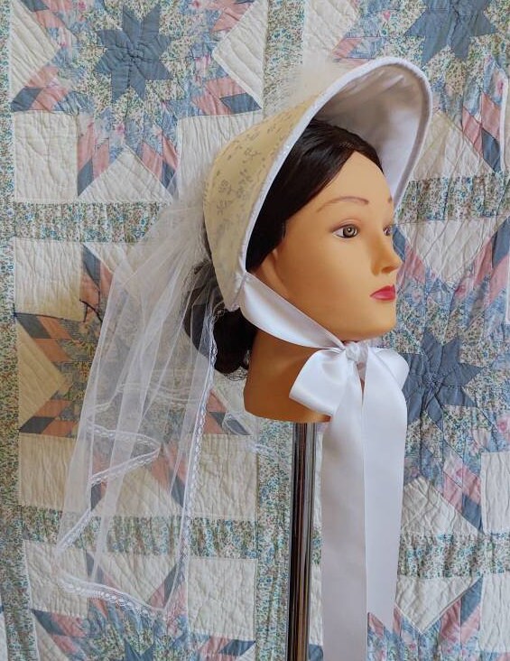 White Brocade Bridal Fanchon Bonnet - Dinner Bonnet - Empire Bonnet ...
