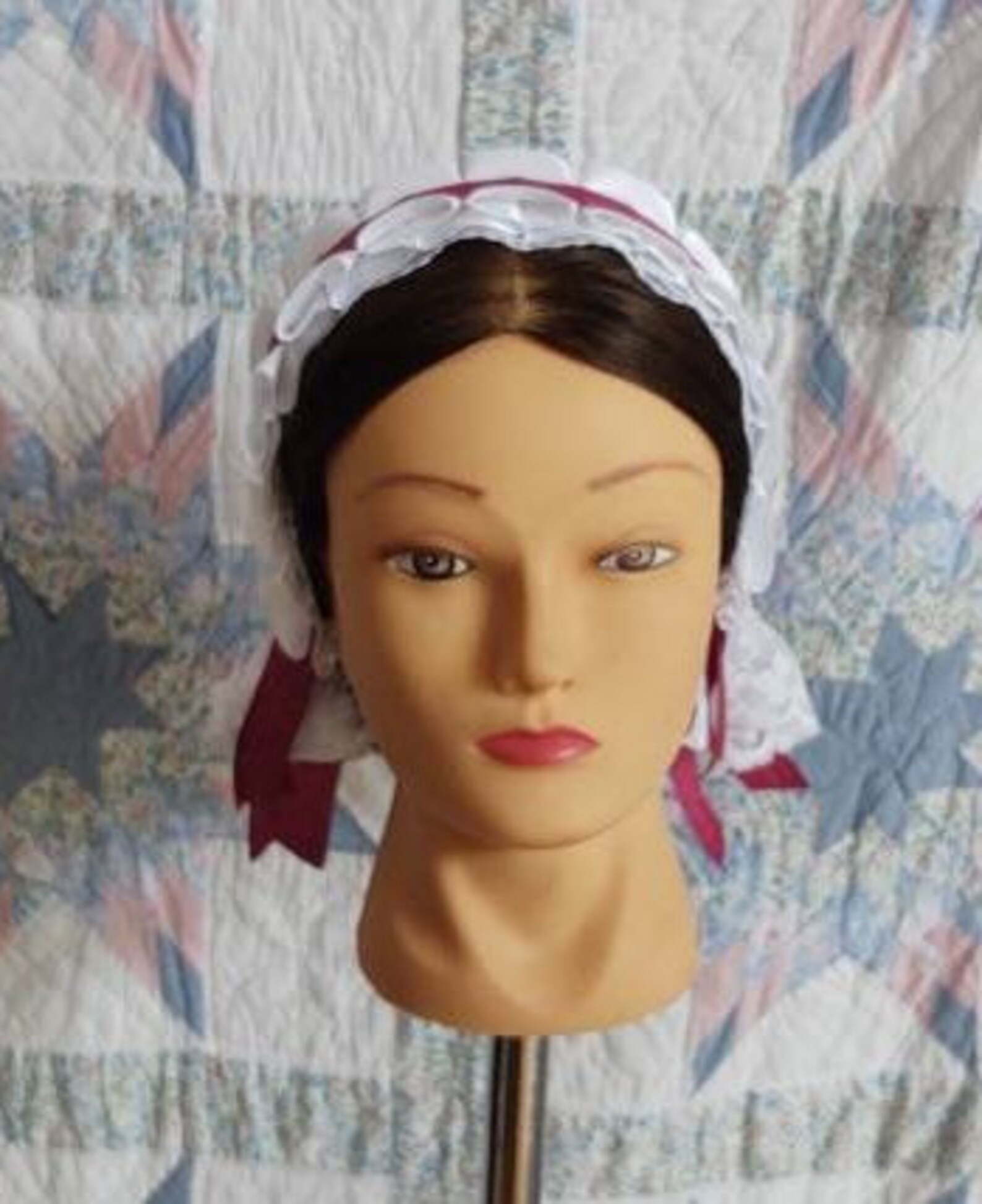 White Lace Fanchon Styled Day Cap With Burgandy Brocade Ribbon - Etsy