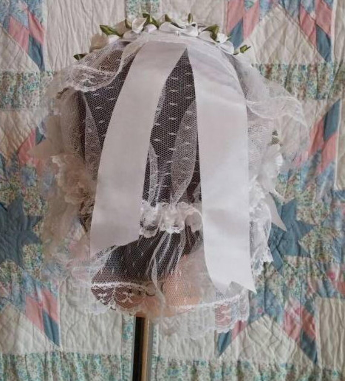 White Ribbon Rose Trimmed Folded Ribbon Fanchon Style Lacy | Etsy