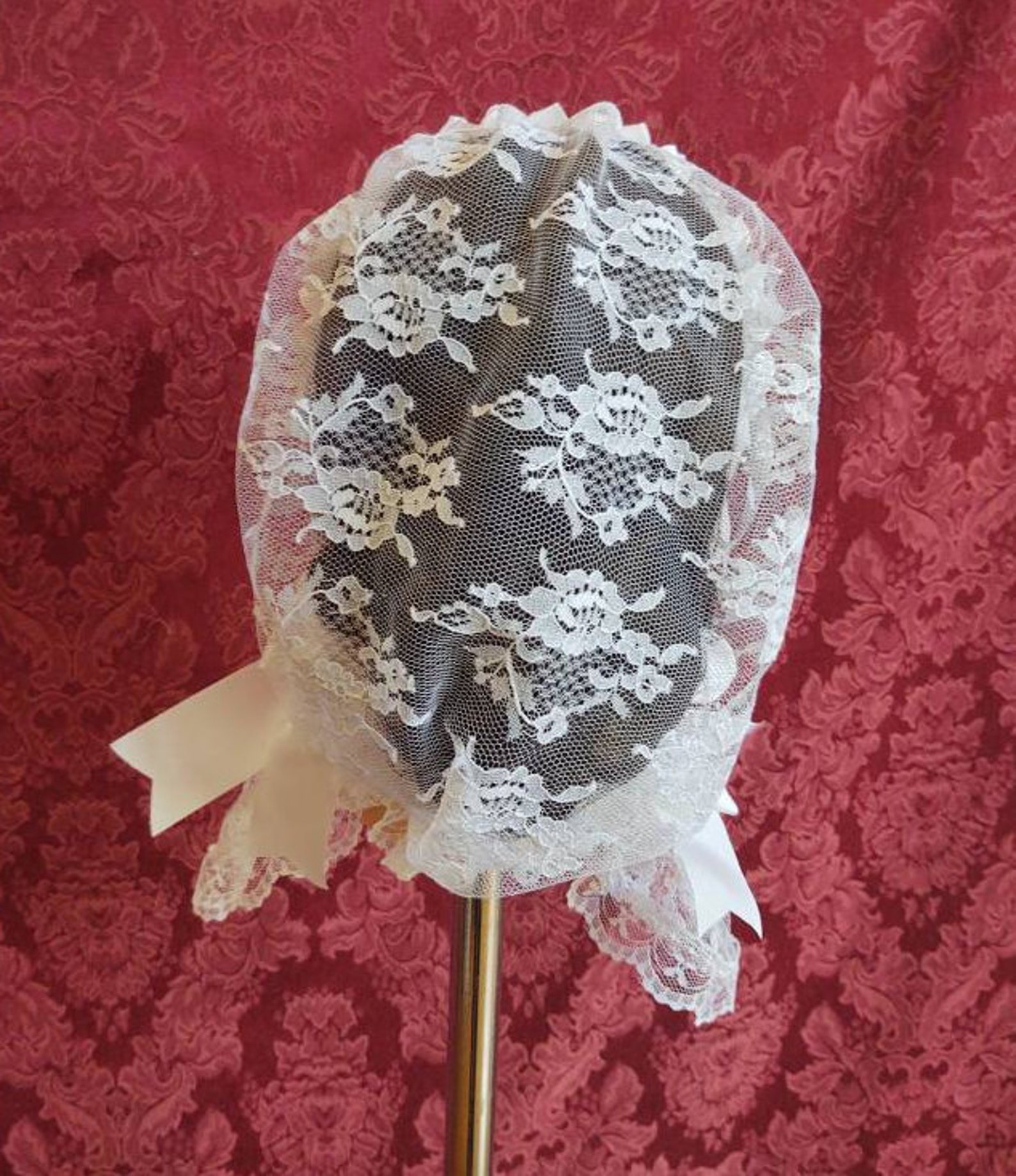 White Lacy Daycap With Lappets and White Folded Ribbon Coronet, Day Cap ...