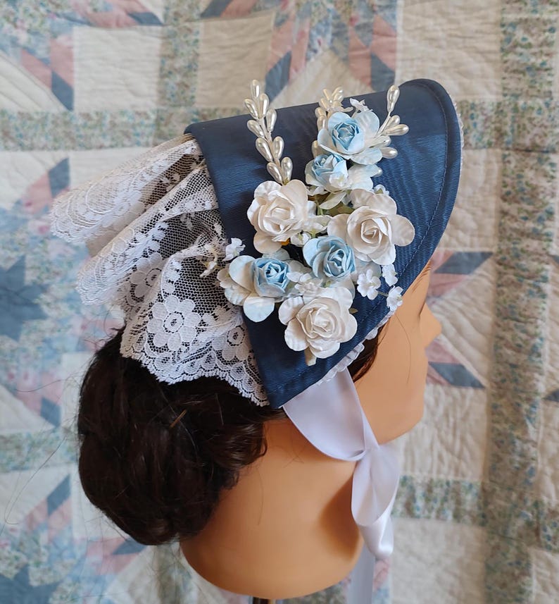 Slate Blue Fanchon Bonnet, Choice of Embellishment, Dinner Bonnet ...