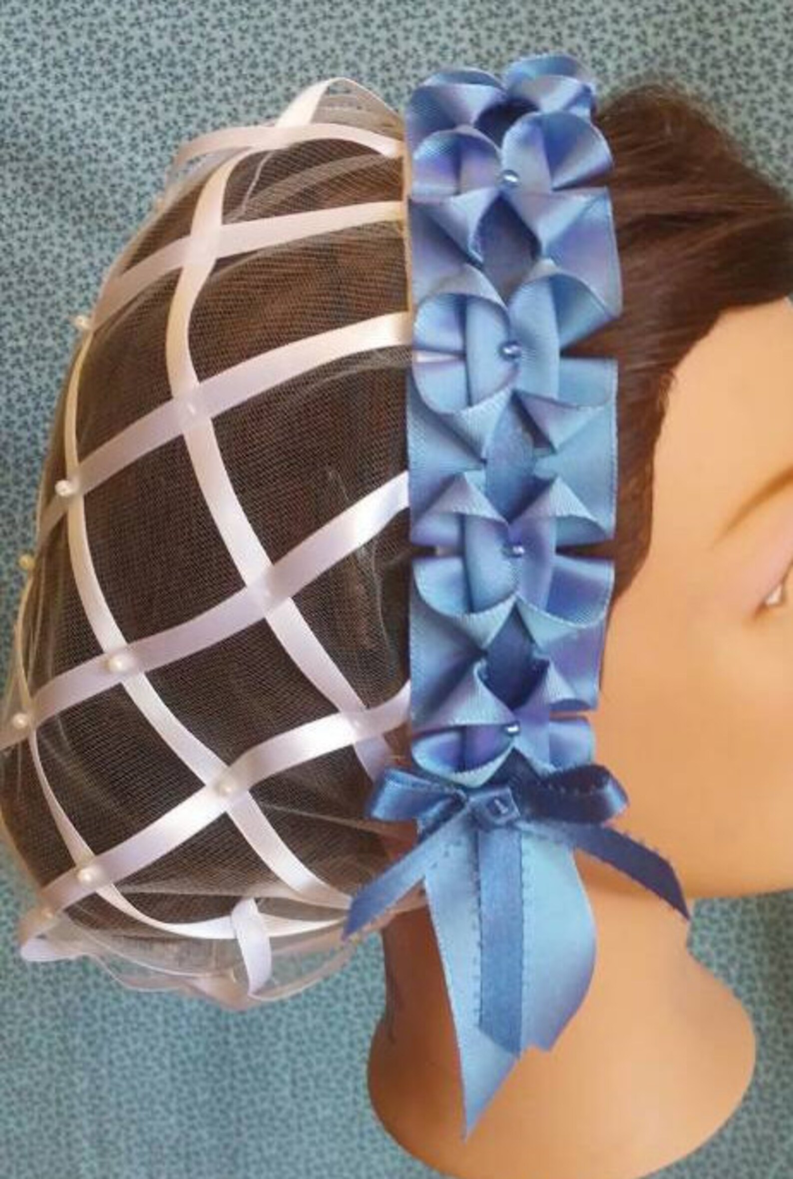 White Ribbon Hairnet With Choice of Ribbon Coronet -more Blue Choices ...