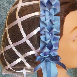 White Ribbon Hairnet With Choice of Ribbon Coronet -more Blue Choices ...