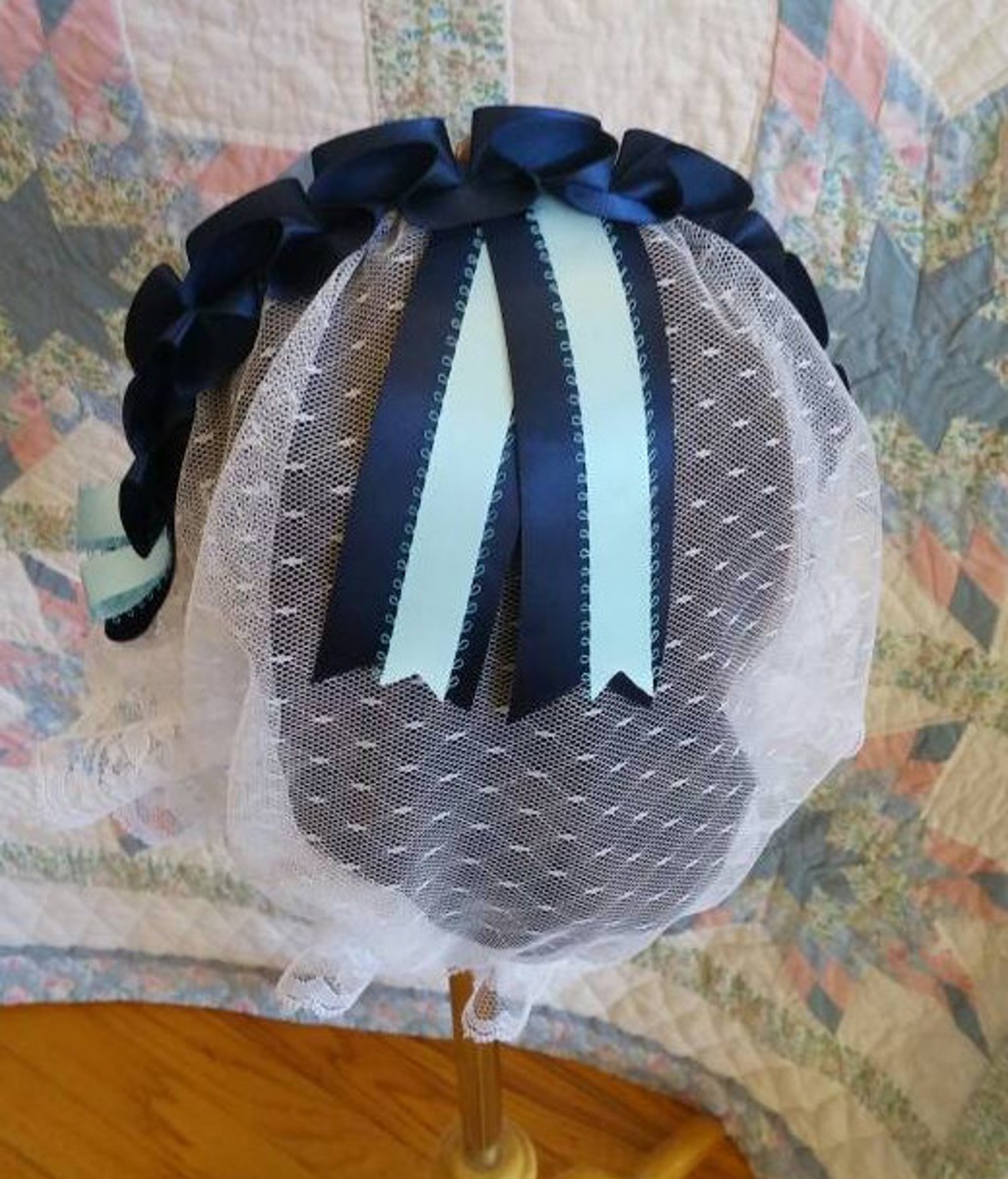 White Lace Fanchon Styled Day Cap With Navy and Baby Blue Ribbon ...