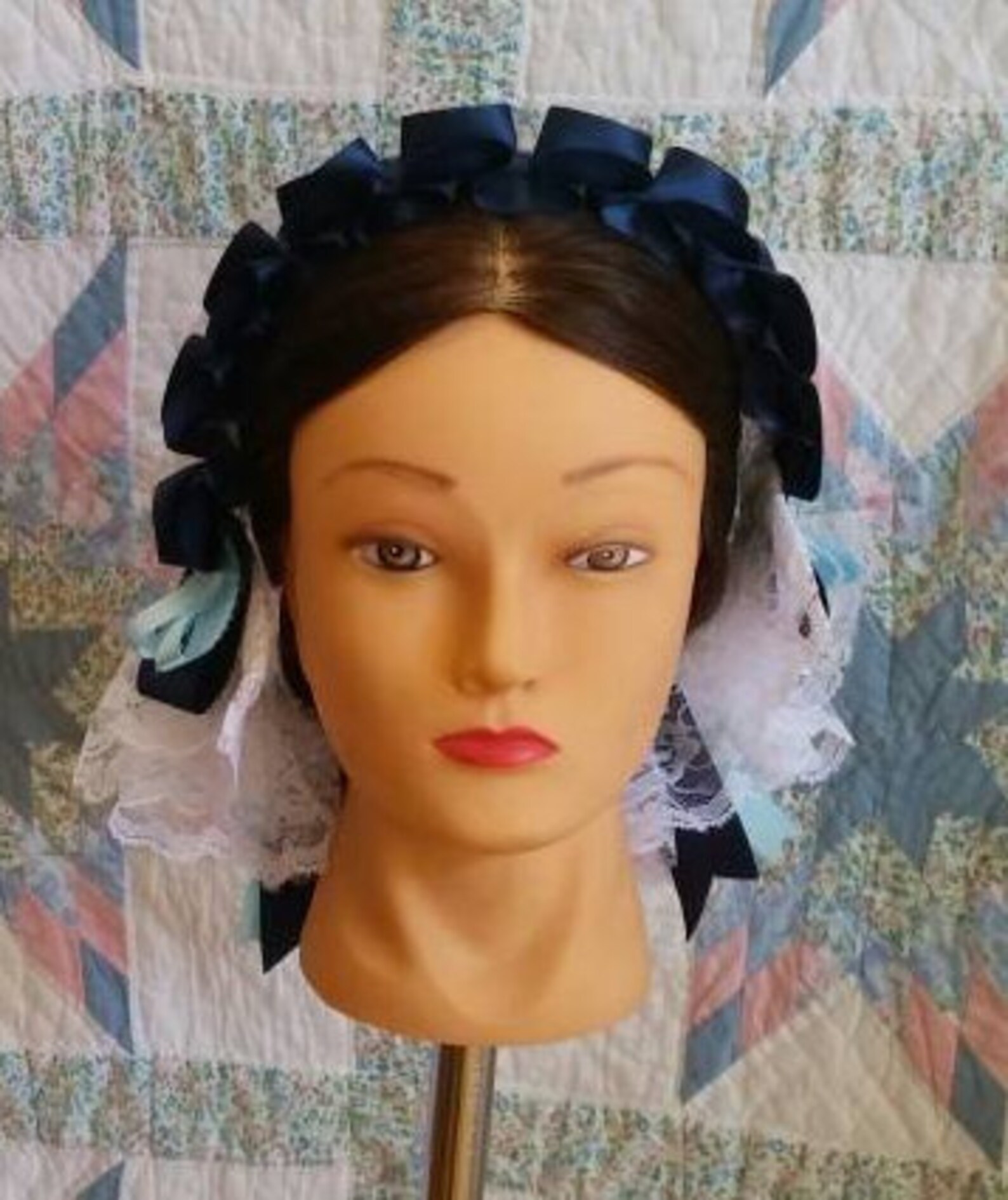 White Lace Fanchon Styled Day Cap With Navy and Baby Blue Ribbon ...