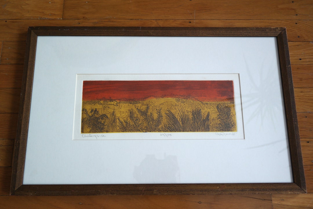 Vintage Artist Signed Numbered Intaglio Print Landscape Yellow Red ...