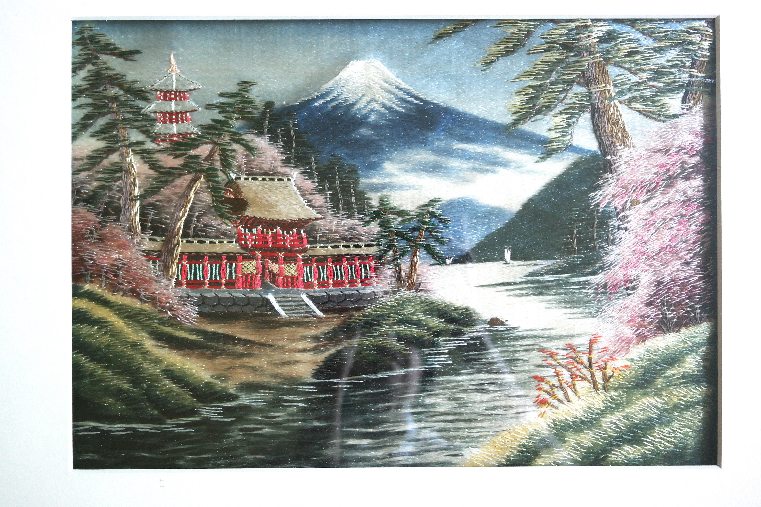 Vintage Asian Silk Thread Painting Mount Fuji Japan Landscape Temple ...