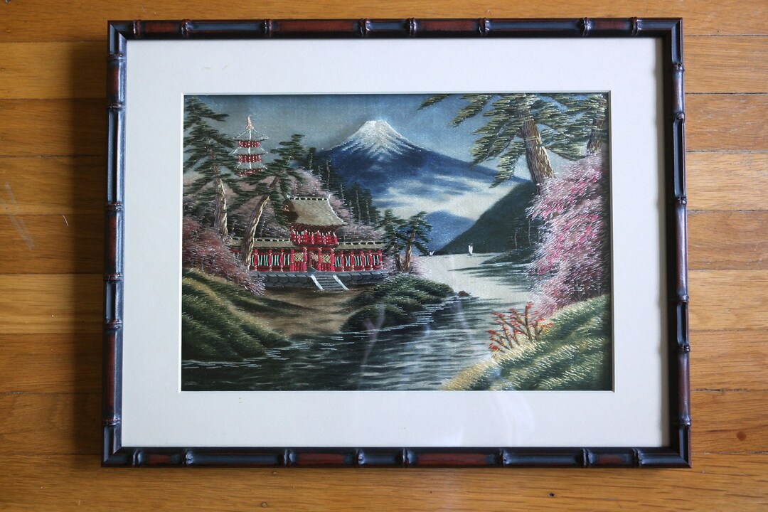 Vintage Asian Silk Thread Painting Mount Fuji Japan Landscape Temple ...
