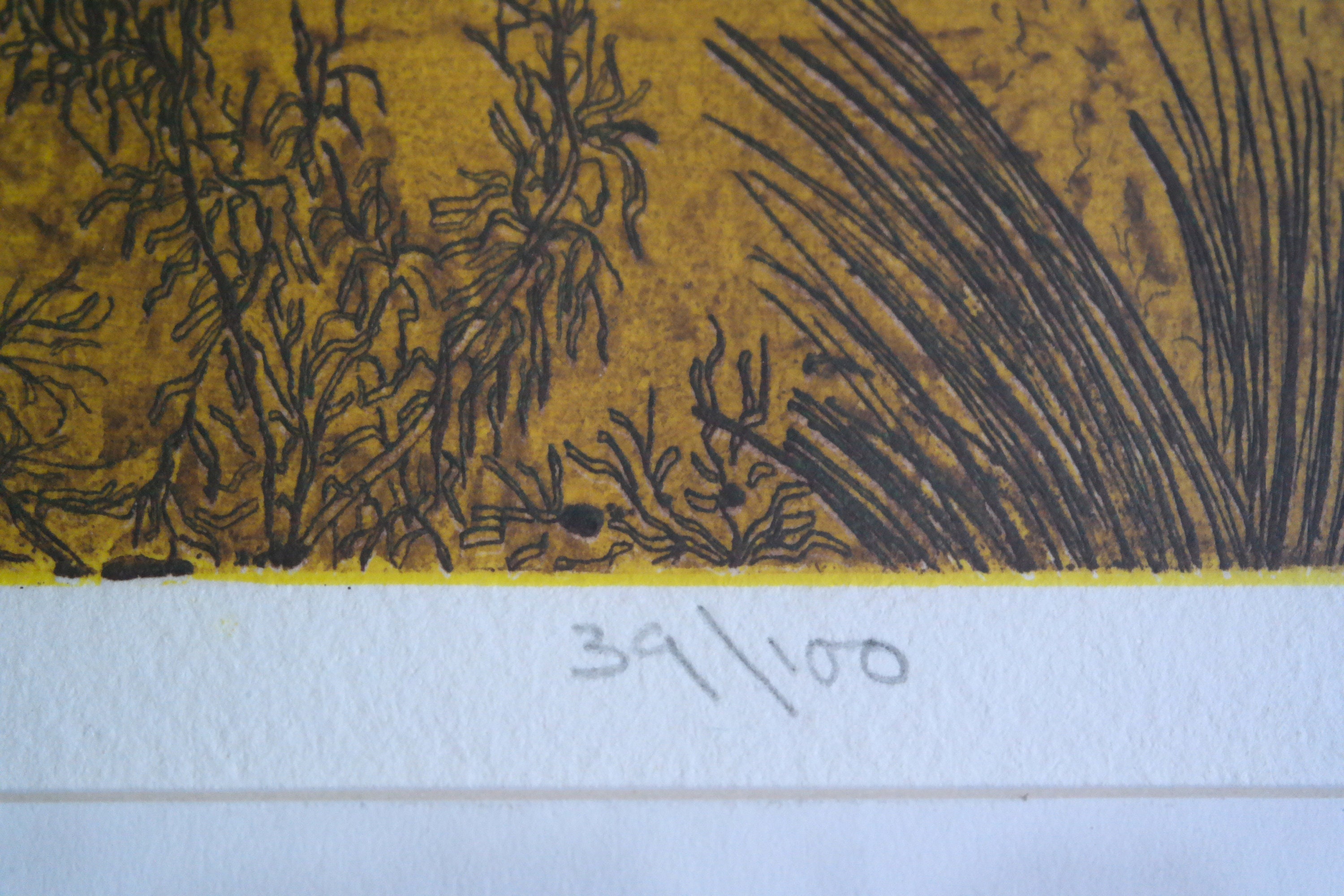 Vintage Artist Signed Numbered Intaglio Print Landscape Yellow Red ...