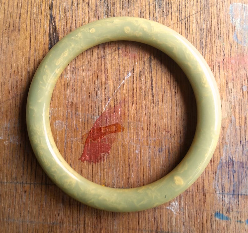Vintage Avon Color Go Round Bakelite Bangle Bracelet Pale Avocado Green With Yellow Marble Tube ...