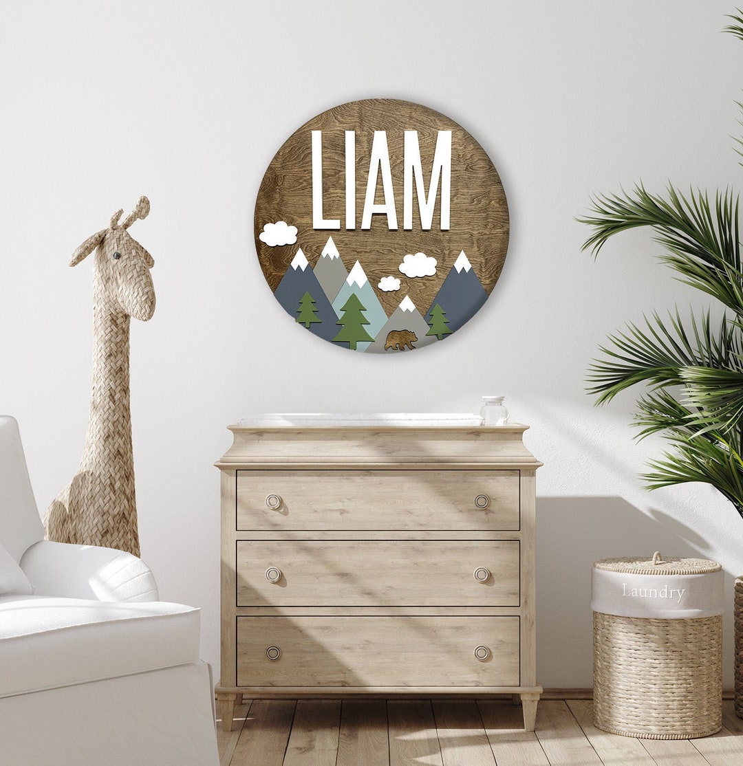 Wooden 3D Name Sign | Round Wood Name Sign | Woodland Theme Nursery ...