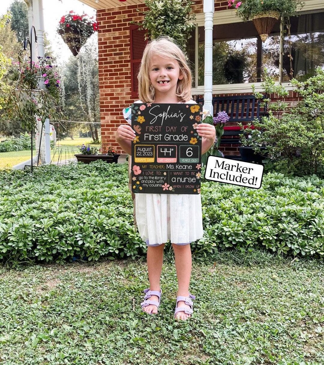 Floral First Day of School Sign, Last Day of School Sign, Reversible ...