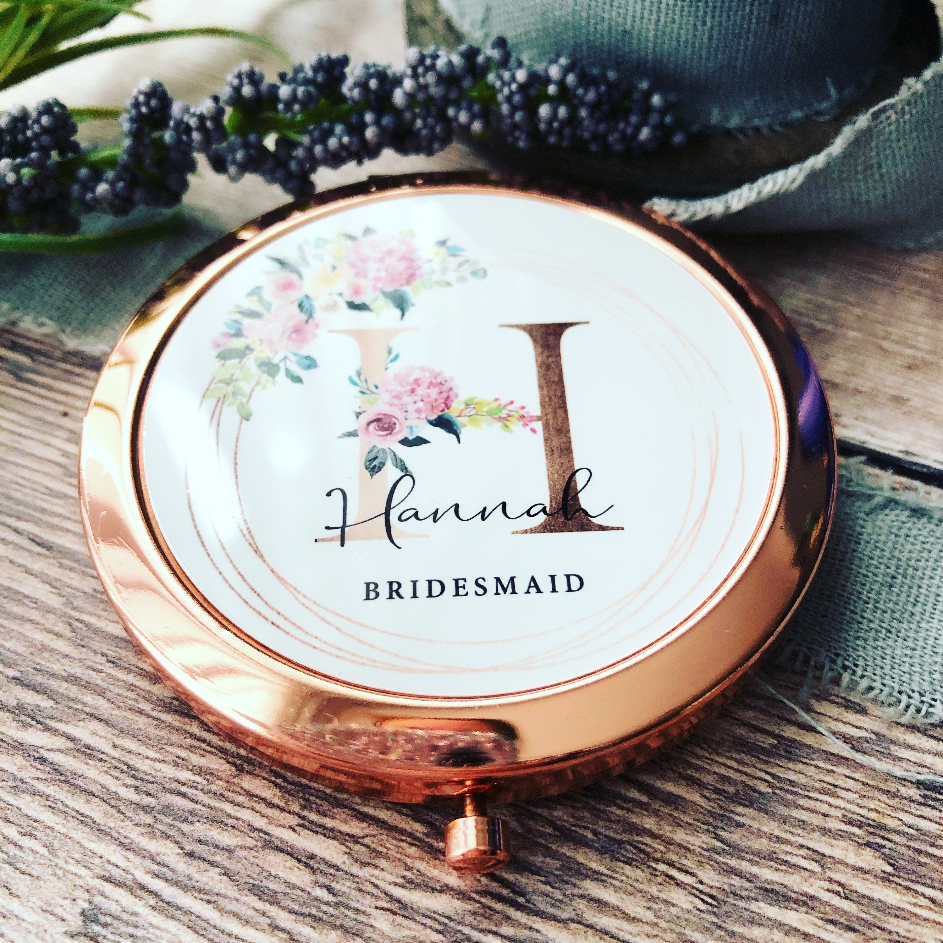 Personalised Initial and Name Pink Floral Round Rose Gold Compact ...