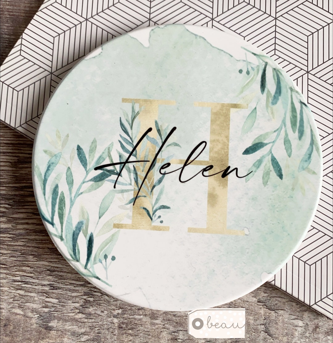 Personalised Name and Initial Gold and Greenery Ceramic Round Coaster ...