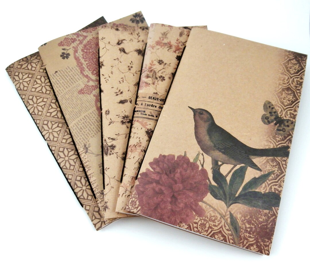 Vintage Style Travelers Notebook Inserts, Floral & Bird Design, Set of ...