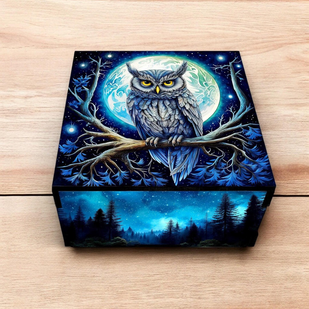 Owl Gift Stash Box With Blue Starry Night Sky Design Laser Cut ...