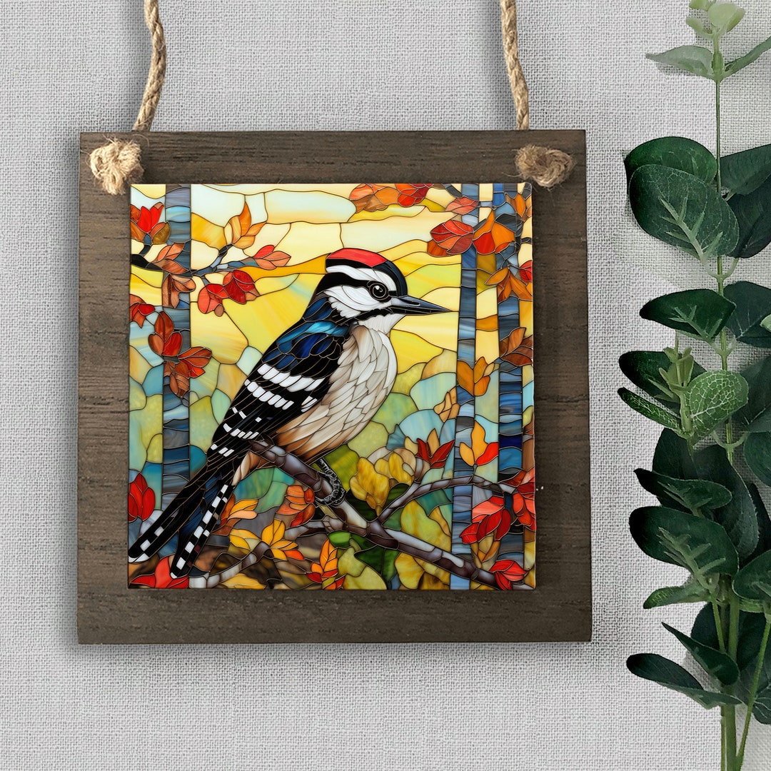 Downey Woodpecker Bird Hanging Sign Stained Wood & Aluminum Wall Art ...