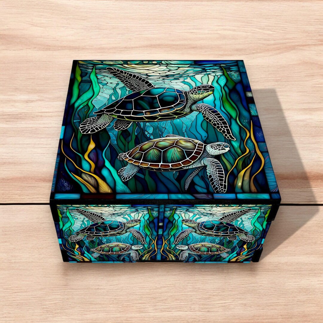 Sea Turtle Keepsake Box - Stained Glass Look Jewelry Storage - Coastal ...