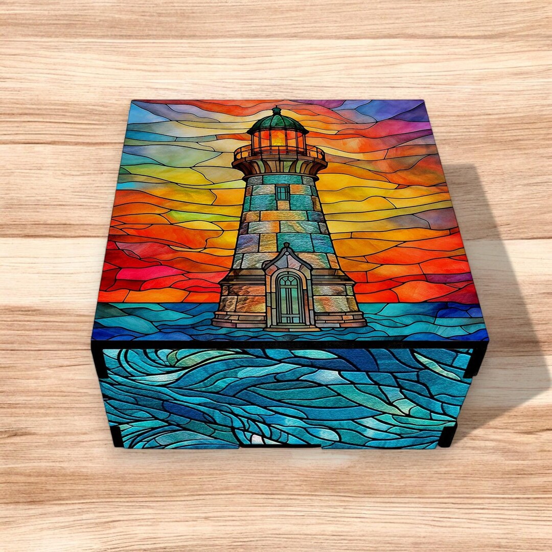 Lighthouse Keepsake Box Stained Glass Look Jewelry Storage Coastal Gift ...