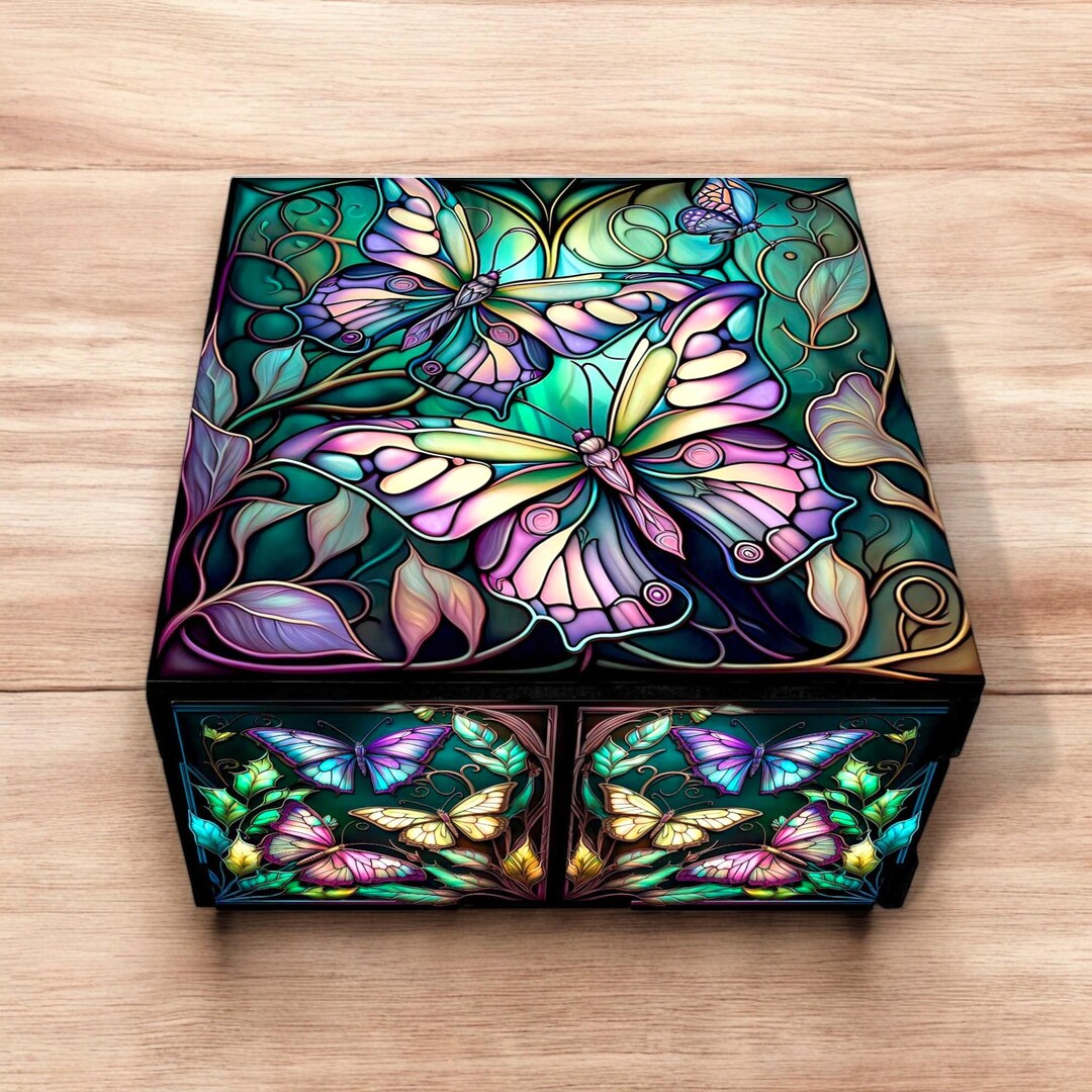 Butterfly Garden Stash Box With Stained Glass Themed Design ...