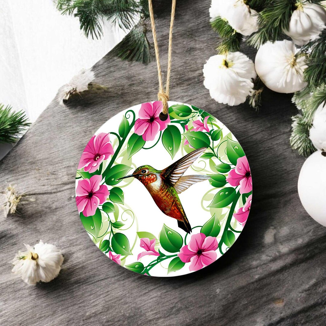Porcelain Hummingbird Christmas Tree Ornament Pink Floral Border Design ...
