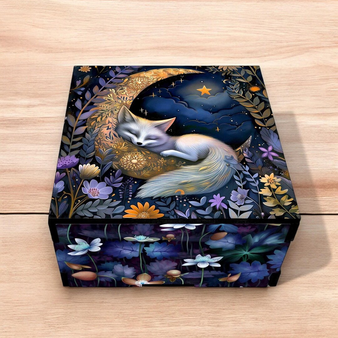 Fox Moon Decorative Box - Hardboard Wood Keepsake Storage for Jewelry ...