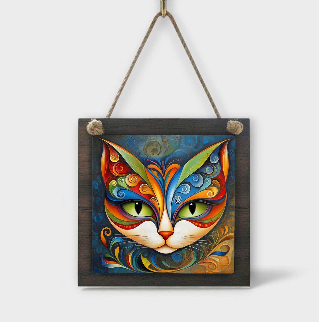Modern Cat Wood Sign 4.8 Inch, Colorful Cat Wall Decor, Window Hanging ...