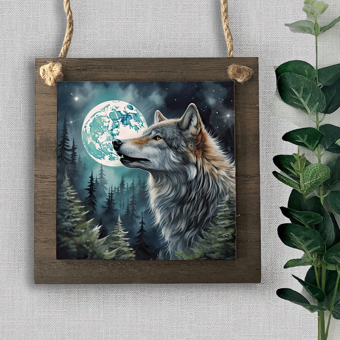 Wolf and Moon Hanging Sign - Wood & Aluminum Wall Art Plaques, Nature ...