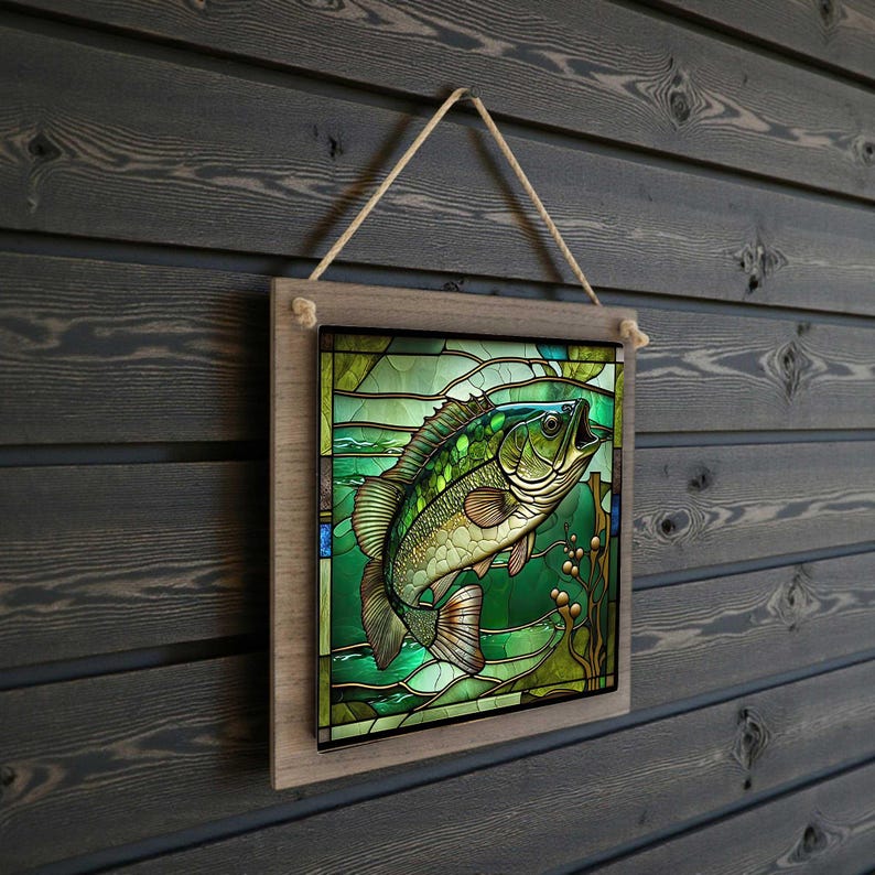 Bass Fishing Wall Art – Rustic Lodge Decor, Stained Wood Frame Large 8. ...