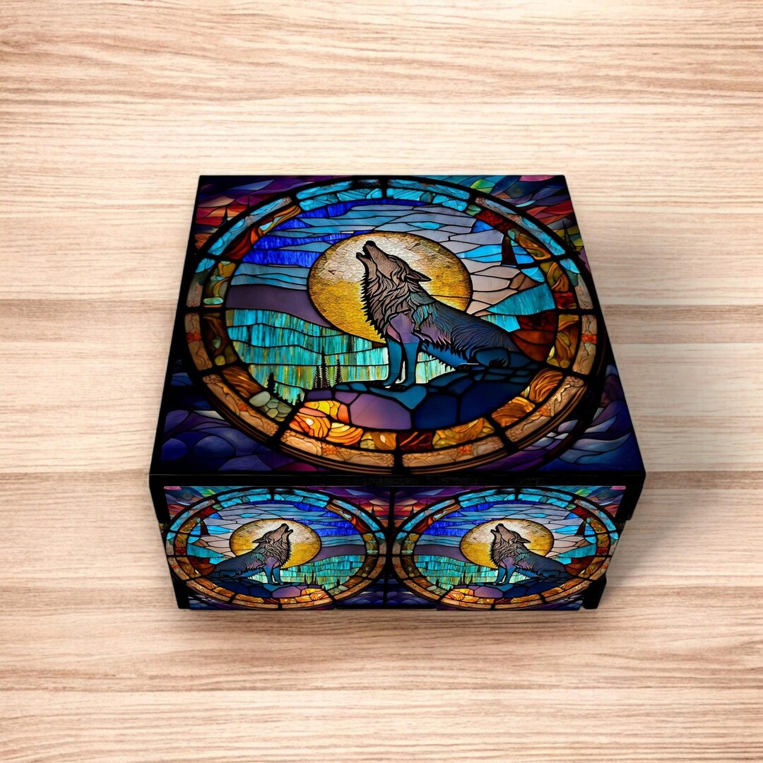 Wolf Keepsake Wood Gift Box Stained Glass Look Jewelry Box Howling Wolf ...
