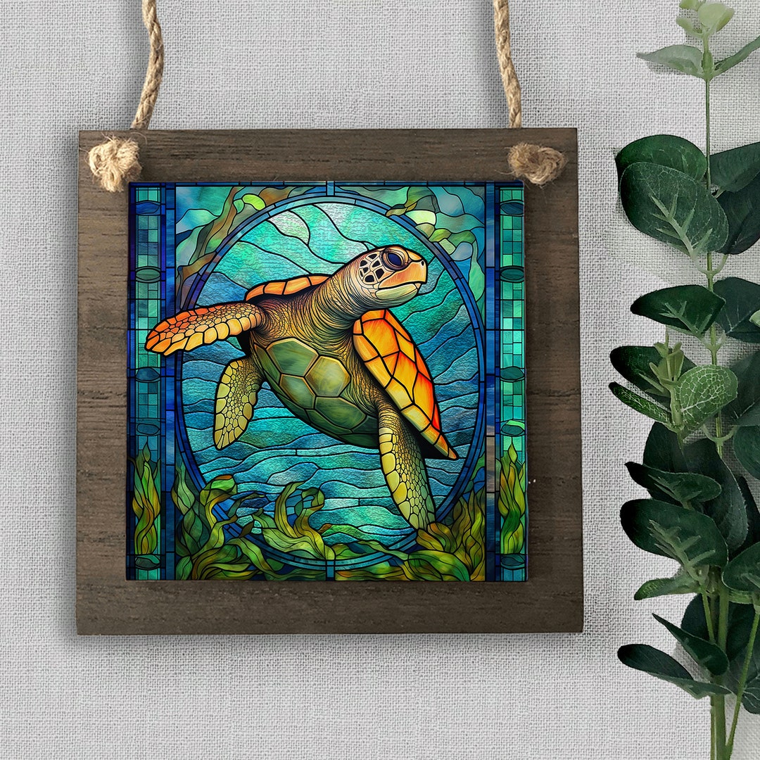 Sea Turtle Hanging Sign - Stained Wood & Aluminum Wall Art - Ocean ...